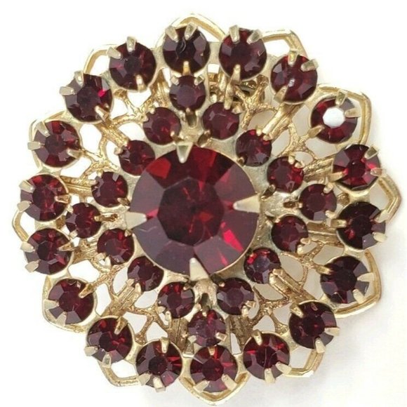 Unbranded | Jewelry | Vintage Gold Tone Red Rhinestone Round Floral ...